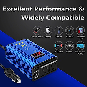 Power Inverter 300W Car Inverter DC 12V to 110V AC Converter with LED Display & 2x2.4A Dual USB Car Adapter Charger by VOLTWORKS Blue