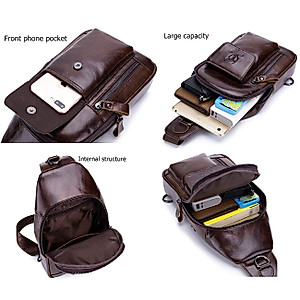 BULLCAPTAIN Genuine Leather Men Sling Bag Travel Crossbody Chest Bag Large Capacity Casual Hiking Daypack (Brown)