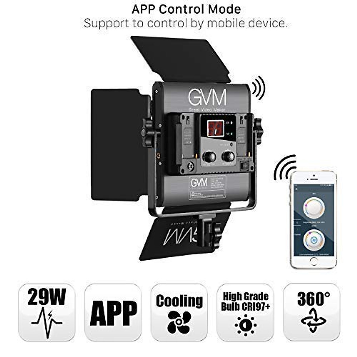 GVM 2 Pack LED Video Lighting Kits with APP Control, Bi-Color Variable 2300K~6800K with Digital Display Brightness of 10~100% for Video Photography, CRI97+ TLCI97 Led Video Light Panel +Barndoor