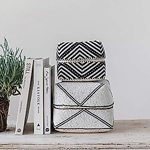 Creative Co-Op Hand-Beaded Bamboo Containers with Lids, Black & White, Set of 2 Storage Box, Black 7 White, 2