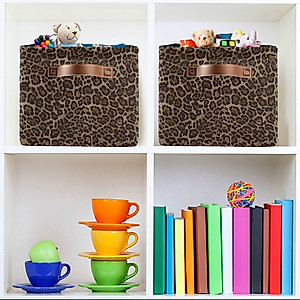 Leopard Print Storage Bins Basket, Animal Print Collapsible Storage Cube Rectangle Storage Box with Handles for Shelf Closet Nursery Bedroom Home Office 1 Pack