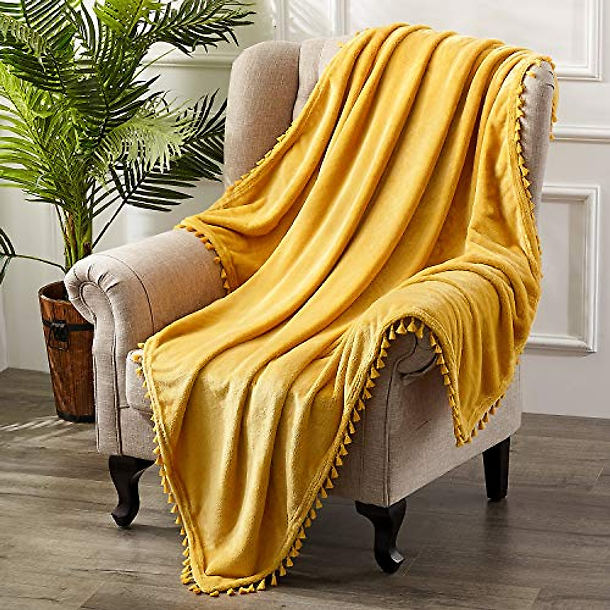 HOMEIDEAS Flannel Fleece Blanket Throw Size with Tassels Fringe - Lightweight Fuzzy Blanket for All Season - Super Soft for Couch Bed Camping Travel (50x60, Mustard Yellow)