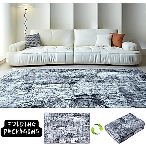 Rugcomf 8x10 Rug Washable Boho Rug Soft Large Area Rug Non-Slip Non-Shedding Faux Wool Vintage Rug for Living Room, Farmhouse, Dining Room, Indoor, Kids Playroom, Grey and Black