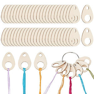 BENECREAT 100pcs Teardrop Wood Thread Drops, 1.9x1.3inch Wood Cross Stitch Thread Organization with Floss Ring for Craft DIY Sewing Storage, 2mm Thick
