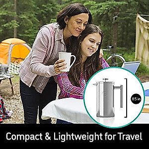 Coffee Gator French Press Coffee Maker - Thermal Insulated Brewer Plus Travel Jar - Large Capacity, Double Wall Stainless Steel - 34oz - Gray