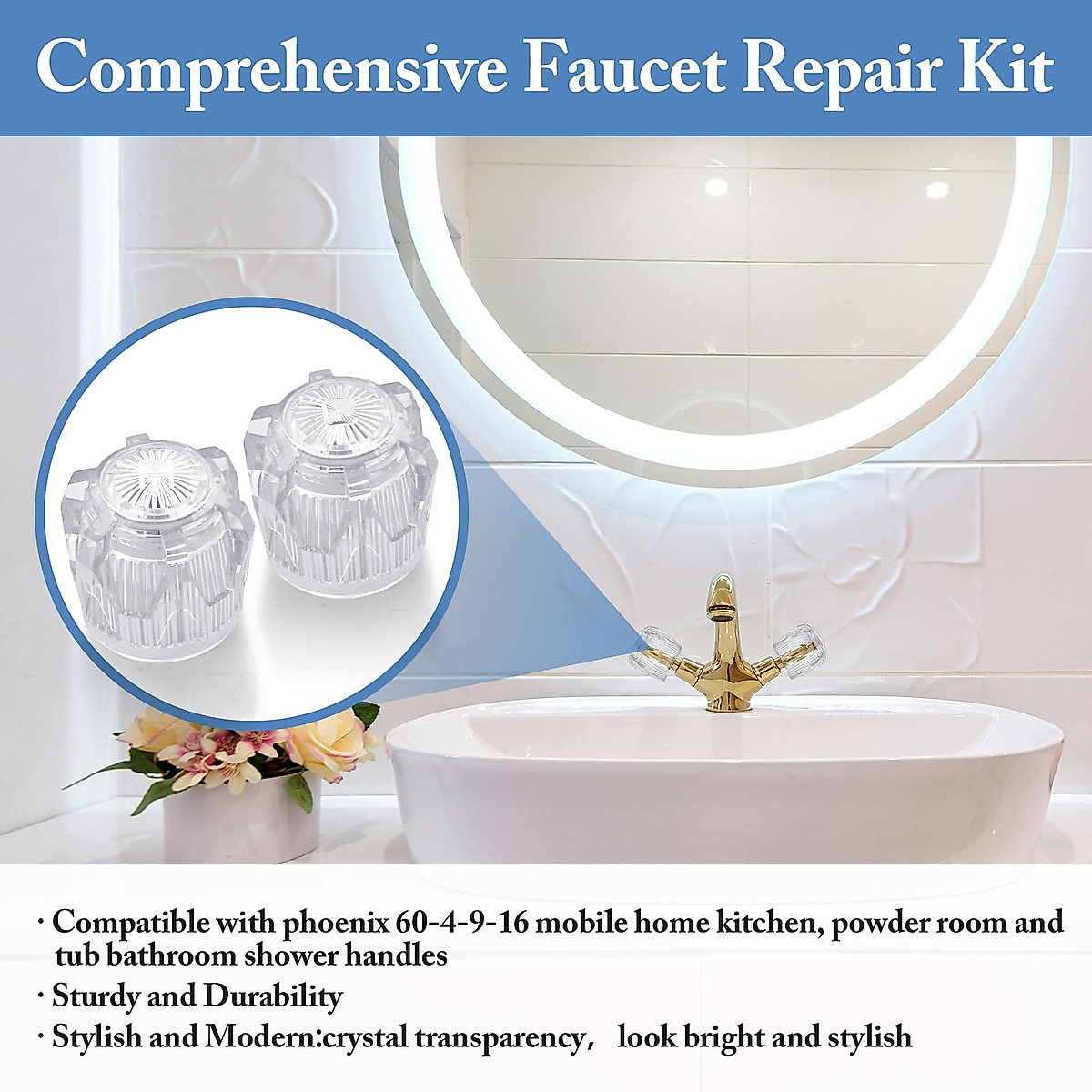 LIBERAQUAR Shower Knob Replacement, Compatible with Phoenix Mobile Home Sink Tub Shower, Acrylic Bathtub Knobs Parts, Clear Faucet Handles with 17pt Spline Point Broach Center Hole(1 Pair)