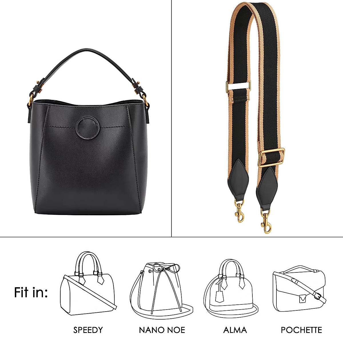 HUADEK Purse Strap Replacement Crossbody Handbag Stripe Wide Adjustable (Black & brown-purse strap)