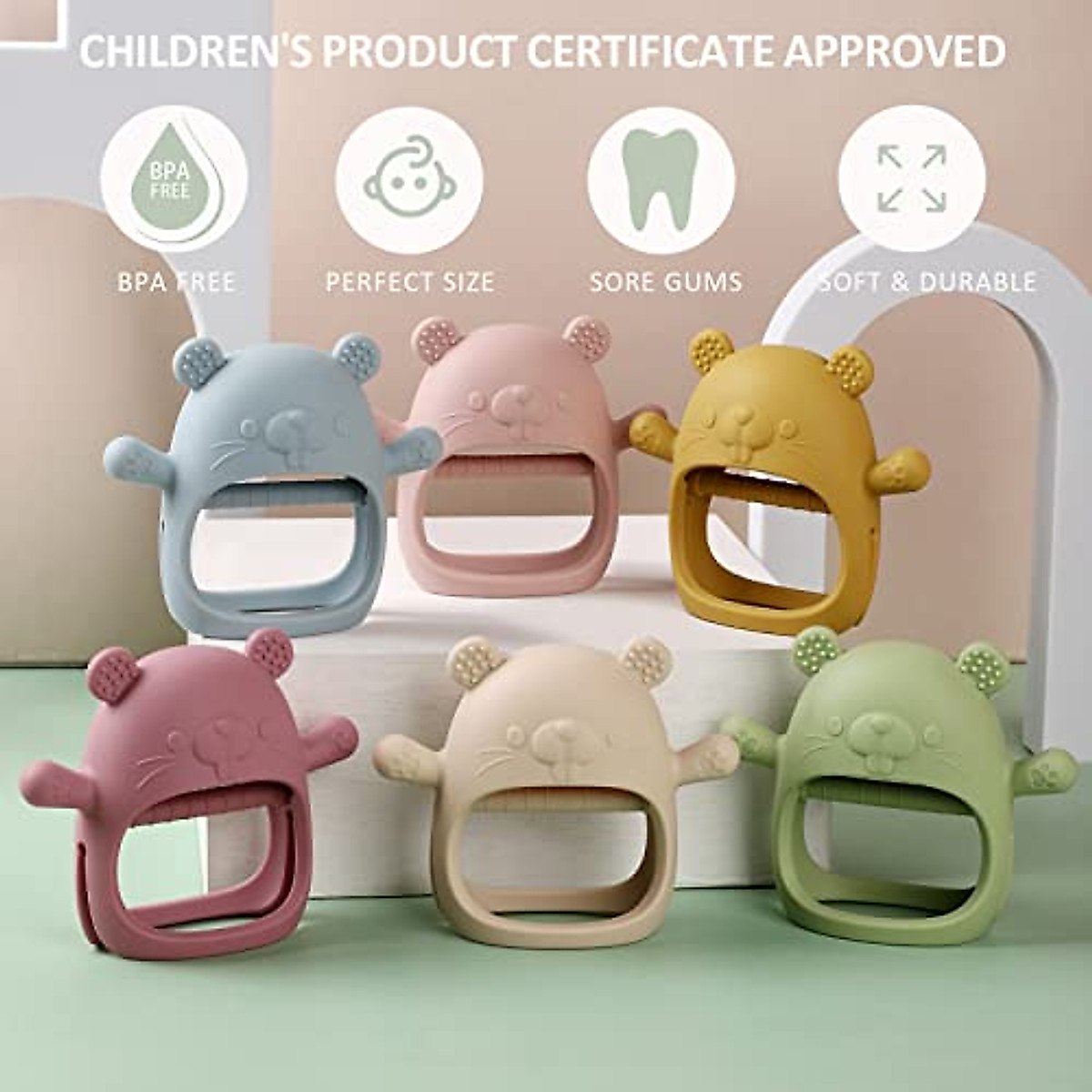 Socub Baby Teether Toy for Infants 3+ Months, Silicone Never Drop Silicone Mitten Teething Toy for Soothing Sore Gums, Baby Chew Toys for Sucking Needs, BPA Free, Dusty Blue