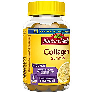 Nature Made Collagen Gummies with Vitamin C, Zinc and Biotin, Hydrolyzed Collagen Peptides Supplement for Healthy Skin Support, 60 Gummies, 60 Day Supply