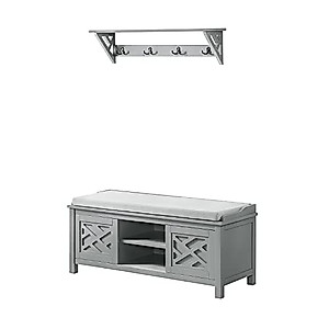 Alaterre Furniture Coventry Coat Hook & Storage Bench Hall Tree Set, Gray, Tool Organization For Entryway, Mudroom, Laundry Room, 4 Double Hooks, 3 Cubbies, 2 Sliding Doors, Traditional, Modern