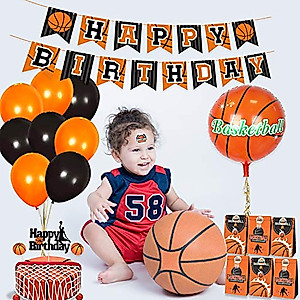 Basketball Party Decorations Birthday Party Supplies 95Pcs - HAPPY BIRTHDAY Banner "PARTY!" Foil Balloons Basketball Hoop Stickers Basketball Foil Balloons Black/Orange Latex Balloons Door Sign Stickers Cupcake Toppers Cake Topper Birthday Decorations for