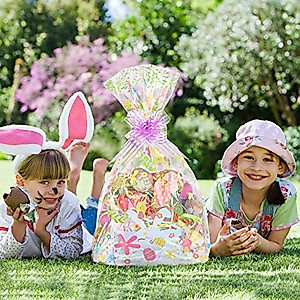WeDoSoy 10 Pack Easter Basket Bags, Large Cellophane Bags, 22x32 Inches Cello Basket Bags Easter Eggs Bunny Wrap Bags with 10 Pieces Pull Bow, Cellophane Wrapping for Gift Packaging Party Decorations