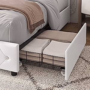 Keyluv Queen Upholstered LED Bed Frame with 4 Storage Drawers and Adjustable Crystal Button Tufted Headboard, Platform Bed with Solid Wooden Slats Support, No Box Spring Needed, White