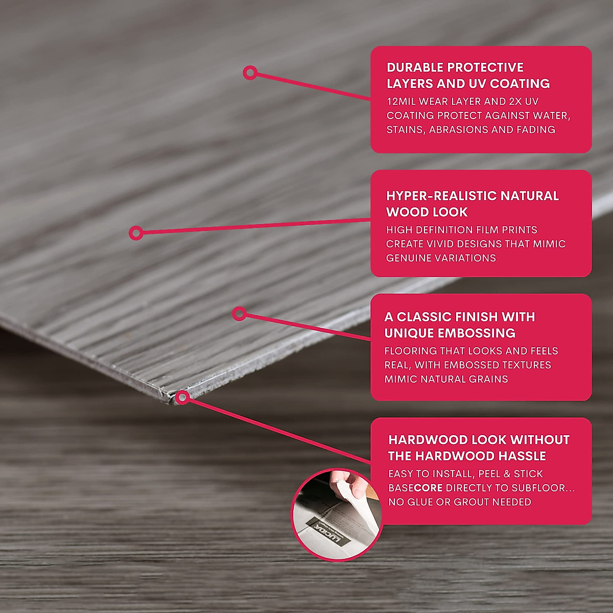 LUCiDA SURFACES Luxury Vinyl Flooring Tiles-Peel and Stick Floor Tile for DIY Installation-36 Wood-Look Planks-Greyscale-BaseCore-54 Sq. Feet