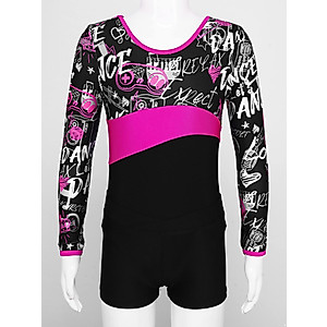 Jhaoyu Kids Girls Ballet Dance Gymnastics Leotards Long Sleeve Printed Bodysuit Unitard with Biketards Shorts Tracksuit Rock Rose 8 Years