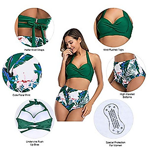 Womens Vintage Bikini Swimsuits Modest Knot Halter Criss Cross Back Push Up Bra Tops Beach Wear Swim 2 Pieces Bathing Suits (Green Leaves,L)