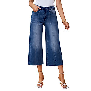 GRAPENT Wide Leg Jeans for Women Ladies Capris Trendy Jeans for Women 2024 High Waisted Cropped Jeans for Women Blue Jean Capris for Women Seamed Color Cobalt Night Blue Size Medium Size 8 Size 10