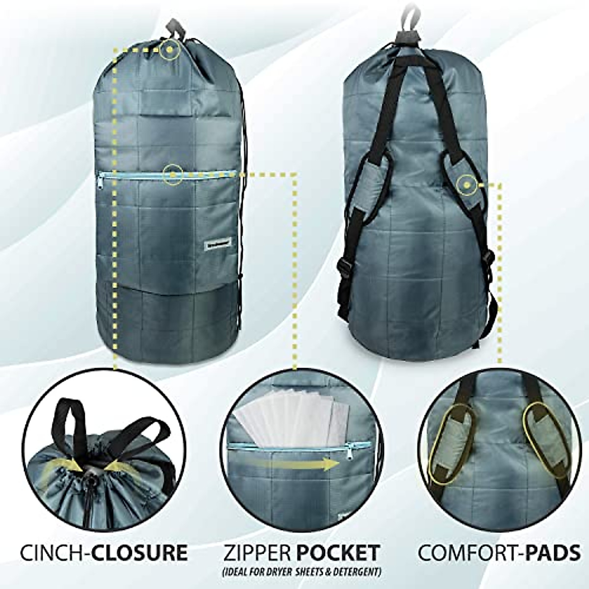 BROOKSTONE [EXTRA LARGE] Backpack Laundry Hamper, Easy to Carry and WATERPROOF, Dirty Clothes Duffle, Zipper Pockets for [Dryer Sheets], Use at Home or Dorm/College