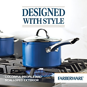 Farberware Style Nonstick Cookware Straining Saucepan with Lid, 3 Quart, Blue
