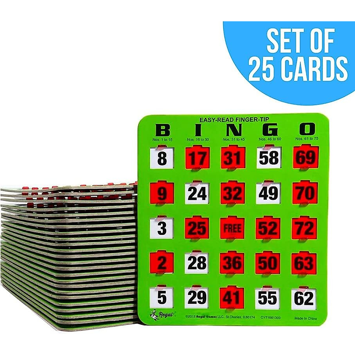 Regal Bingo Bingo Cards with Sliding Windows - Green Reusable & Large Bingo Cards - Ideal for Family Fun Bingo Game Night - No Chips & Daubers Needed - 25 Pcs