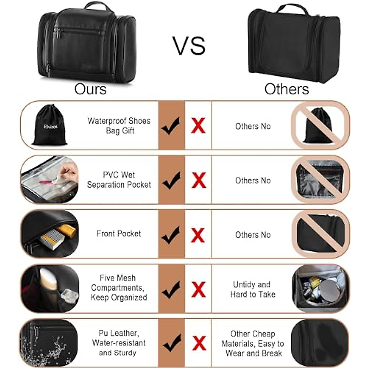 Elviros Travel Hanging Toiletry Bag for Women and Men, Large PU Leather Toiletries Organizer, Water-resistant Bathroom Shaving Kit for Cosmetics, Makeup Case (Extra Large, Black)