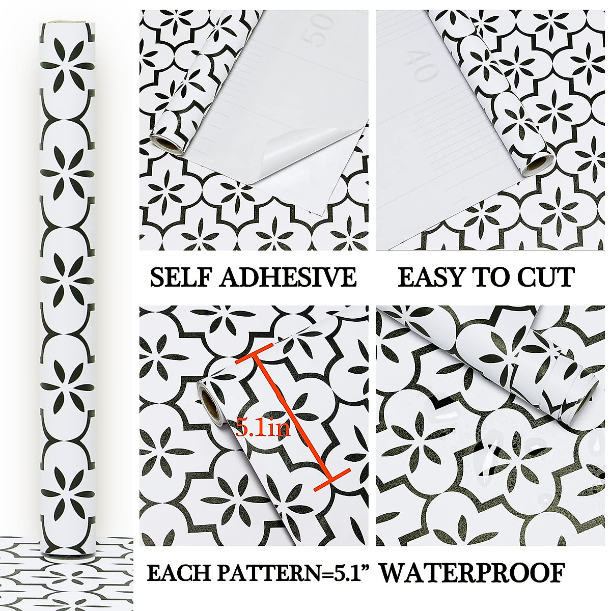 GloryTik Black Contact Paper Trellis Wallpaper White and Black Geometry Pattern Peel and Stick Wallpaper Self-Adhesive Removable Wallpaper White Modern for Cabinet Drawer Lining Wall Decor 17.7"X118"