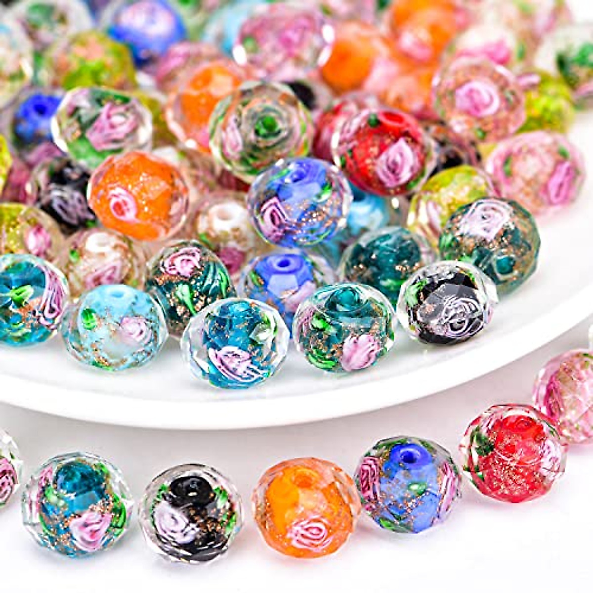 80pcs Flower Glass Beads for Jewelry/Bracelets/Crafts/Necklace Making,Gold Sand Lampwork Beads Cute Crystal Beads Sea Glass Seed Boho Beads for Rosary Crafts Handmade (10mm Mixed Color)