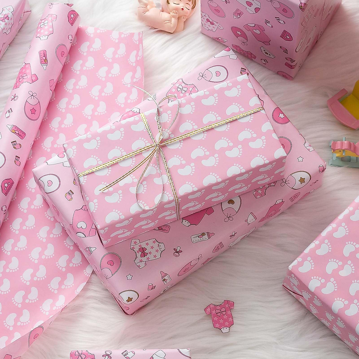 MAYPLUSS Baby Pink Girl Gift Wrap Paper - 17Inch x 33Feet - Cute Kid Pink Snapsuit, Bottle & Bayby Feet Baby Shower Wrapping Paper for Birthday Present, Gender Reveal Theme New Baby Party Decoration