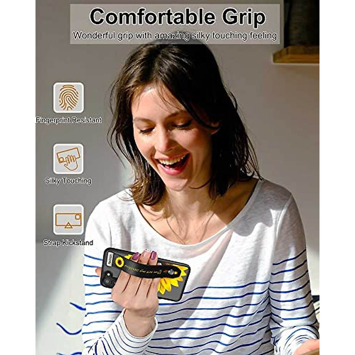 Cisland Samsung Galaxy A14 Case Sunflower Flower Floral Cute with Strap Stand Finger Kickstand, Cute Case for Women Girly Designer for Girls Aesthetic Silicone Compatible with Samsung Galaxy A14 5g