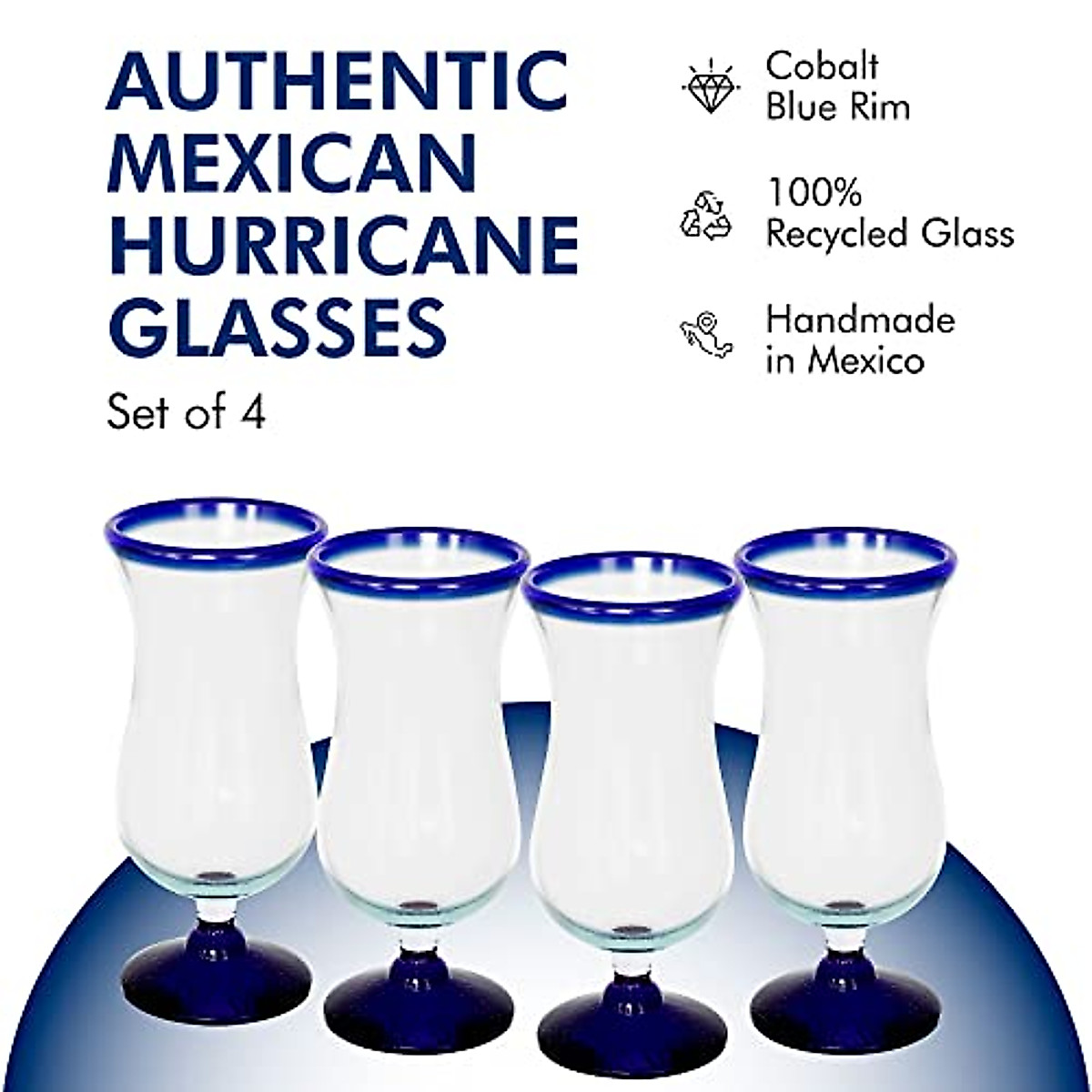Amici Home Blue Rim Hurricane Glass | Set of 4 | Authentic Mexican Handmade Glassware | Bar Glasses for Pina Coladas, Cocktails, and Other Beverages | 16 Oz