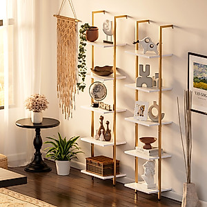 SUPERJARE 5-Tier Bookshelf, Narrow Book Shelf Set of 2, Open Wall-Mounted Ladder Shelf with Metal Frame, Display Bookcase for Home Office, Bedroom, White & Gold