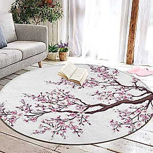 Round Area Rugs 3ft Diameter Throw Rugs Non-Slip Floor Carpet for Bedroom Living Room Nursery Decor (Branch of A Flourishing Tree Flowers Cherry Blossoms Spring Theme Art White)