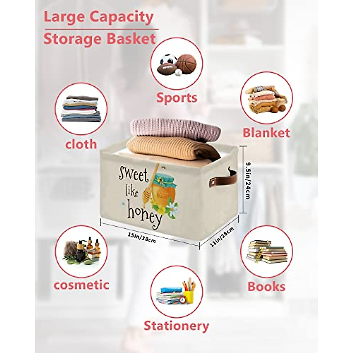 Storage Bins Large Storage Basket,Country Honey Cute Bee Collapsible Storage Bins with Handle,Plant Flower Leaf Storage Baskets Cube Organizer for Shelves Closet Nursery