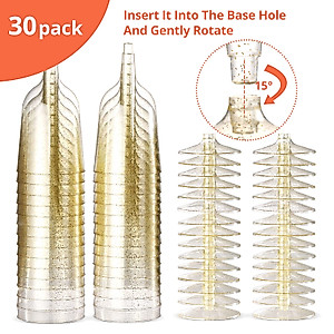 TENYASEN 30 Pack Elegant Plastic Wine Glasses for Parties, 6 Oz Gold Glitter Plastic Wine Glasses Disposable, Plastic Wine Cups for Wedding & Birthdays