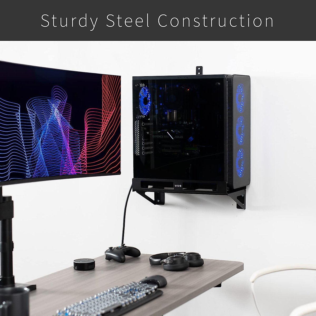VIVO Clamp-on Desk Extender PC Desk Mount Holder with Wall Mount Option, Standard and Large Gaming Computer Case Stand, Adjustable with Secure Locking, Black, MOUNT-PC07G