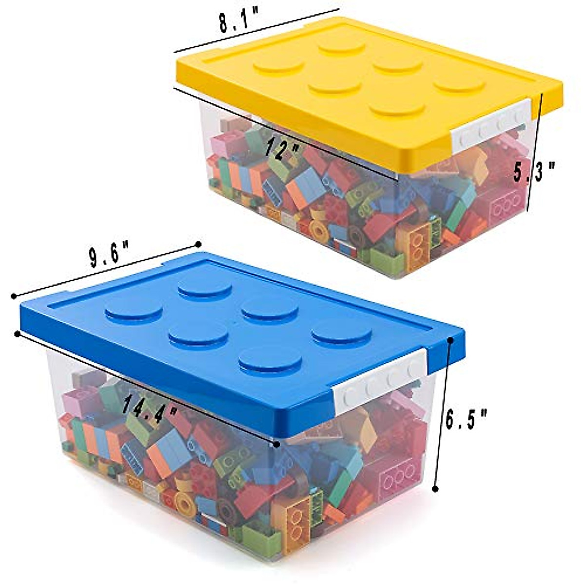 LUCKY-GO Toy Storage Organizer Bins with Lid - Stackable Plastic Organizer Box Set of 2, Kids Toy Chests with Compatible Building Baseplate and Lid, Storage Container for Building Bricks & Toys