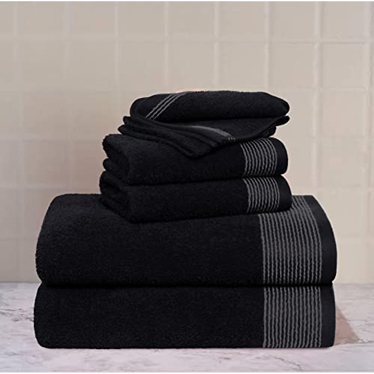 BELIZZI HOME 100% Cotton Ultra Soft 6 Pack Towel Set, Contains 2 Bath Towels 28x55 inchs, 2 Hand Towels 16x24 inchs & 2 Washcloths 12x12 inchs, Compact Lightweight & Highly Absorbant - Black