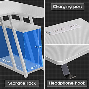MOTPK Gaming Desk L Shaped, Small Corner Desk with Storage Shelf & Power Outlets, Computer Desk with Monitor Shelf, L Shaped Desk with Carbon Fiber Surface, Gamer Desk Gaming Table, White, 47 Inch