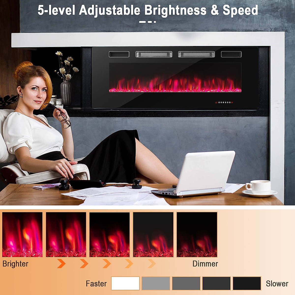 Tangkula 50 inches Electric Fireplace Insert, 3.19 Inches Ultra Thin Recessed & Wall Mounted 1400W Fireplace with Adjustable Flame Color & Speed, 12 H Timer,Remote Control,Touch Screen and WiFi App