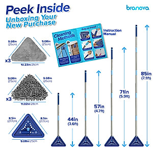 Branova 85" Extendable Wall Cleaner Mop - 360° Rotatable Ceiling Cleaner, Baseboard Cleaner Tool with Handle, Wall Mop with 6 Reusable Mop Pads & Mop Holder - Triangle Mop for Walls and Floors