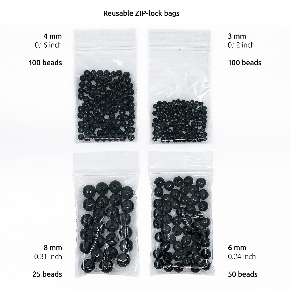 275 pcs Set of Czech Round Glass Beads, Jet Black - 3mm (100pcs), 4mm (100pcs), 6mm (50pcs), 8mm (25pcs) kit for Jewelry Making