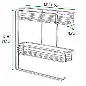 mDesign Wall Mount Metal Paper Towel Roll Holder and Dispenser with 2 Shelf Baskets - Kitchen Storage and Organization for Spice Bottles, Glass Jars, Salt, Pepper - Chrome