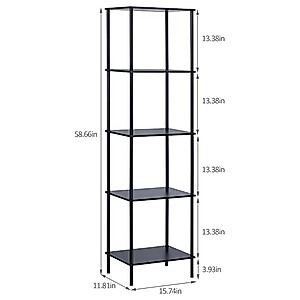 LING RUI 5 Tier Shelves Bookshelf, Tall Narrow Bookcase with Shelves,Wood and Metal Book Shelf Storage Organizer,Industrial Display Standing Shelf for Home Office, Living Room, Bed Room(Black)