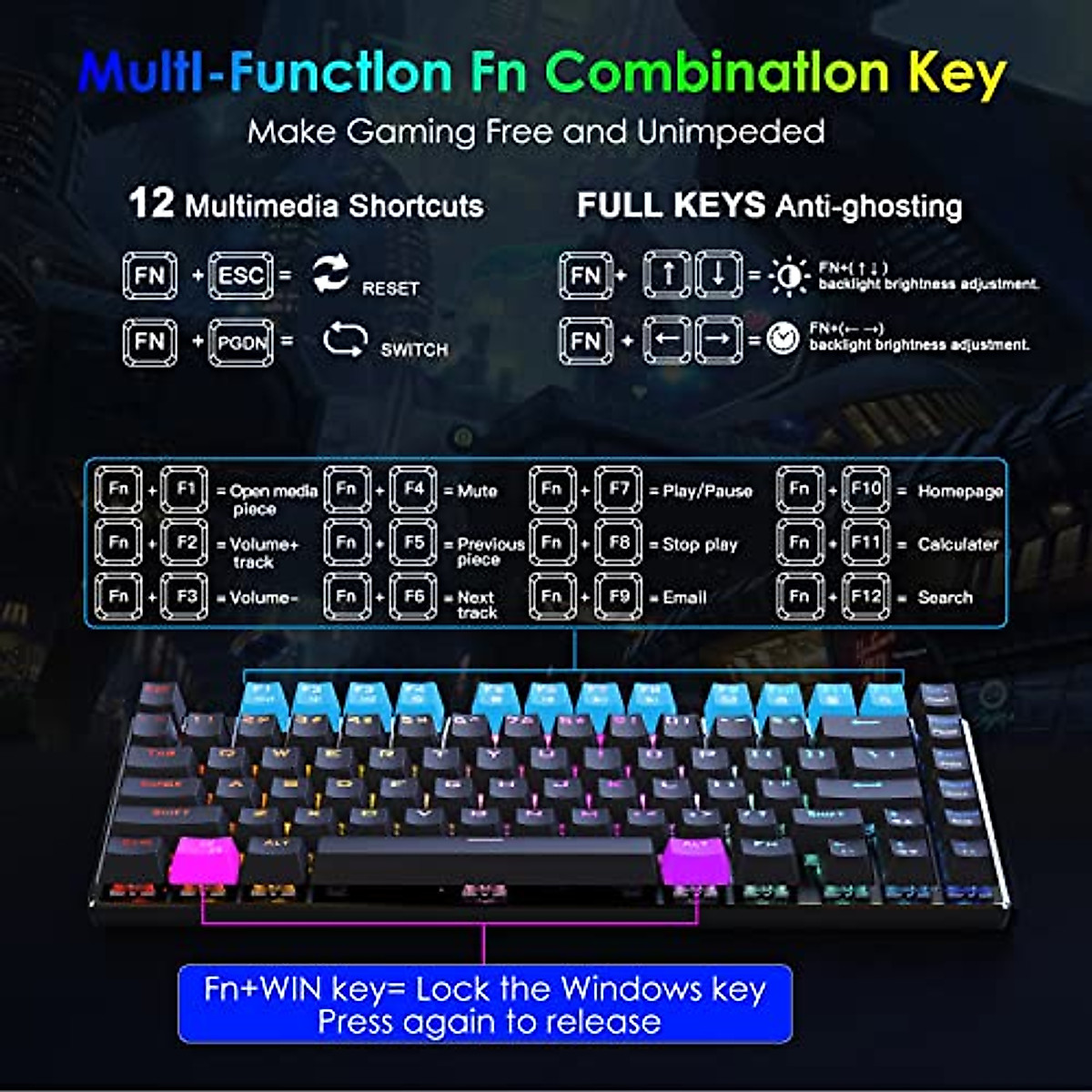 HUO JI E-Yooso Z-88 RGB Mechanical Gaming Keyboard, Metal Panel, Blue Switches - Clicky, Compact 81 Keys for Mac, PC, Black