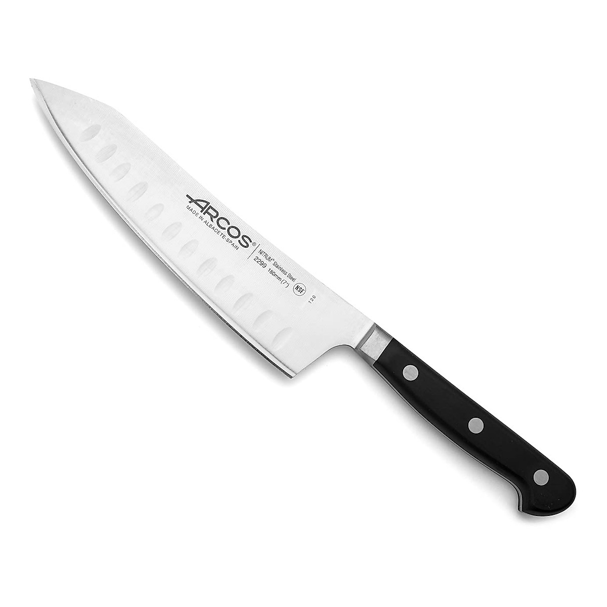 ARCOS Santoku Knife 7 Inch Nitrum Stainless Steel and 190 mm blade. Ergonomic Polyoxymethylene POM Handle.Classical design and rounded finish of great beauty and sturdiness. Series Opera. Color Black.