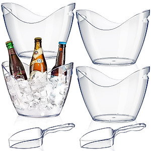 Plastic Clear Ice Bucket with Ice Scoops Clear Acrylic Ice Tub Plastic Wine Bucket Party Beverage Chiller Bin Parties Ice Bucket for Wine Champagne or Beer (6 Pieces, 4 Liters)