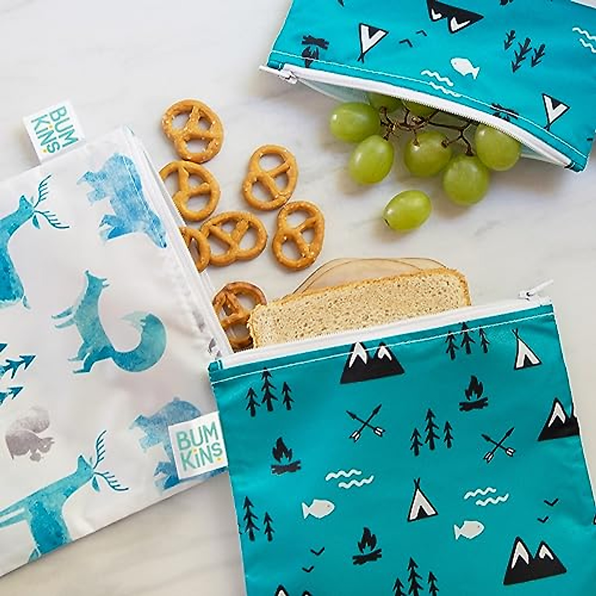 Bumkins Reusable Sandwich and Snack Bags, for Kids Lunch Bags and for Adults, Washable Fabric, Cloth Zip Bag, Dishwasher-Safe, Food-Safe, Safety Tested (4-Pack)