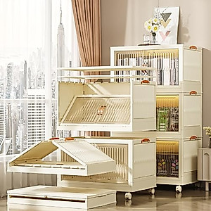 pupustar Storage Bins with Lids and Doors, Plastic Stackable Storage Bins Open Front, Foldable Storage Boxes for Organizing, Collapsible Storage Bins with Wheels, Opening Storage Boxes Set