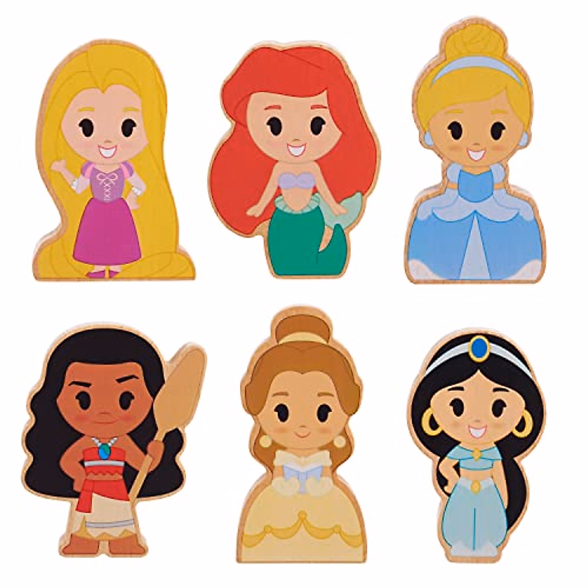 Disney Wooden Toys Just Play Disney Princess Figures 6-Pack, Ariel, Rapunzel, Moana, Jasmine, Belle, and Cinderella, Kids Toys for Ages 2 Up, Amazon Exclusive