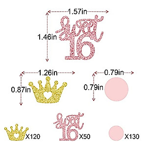 Sweet 16 Confetti, Rose Gold Glitter Sweet 16, Gold Glitter Crown and Pink Circles Confetti, Sweet 16th Birthday Party Decorations, Sweet Sixteen Party Decorations, 300 Pcs